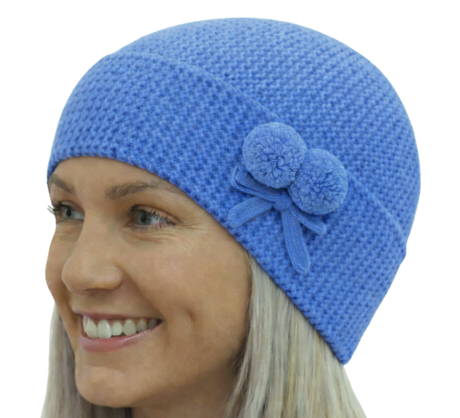 Pottery Blue Cashmere Hat with Bow and Mini Pom's – Portolano Canada
